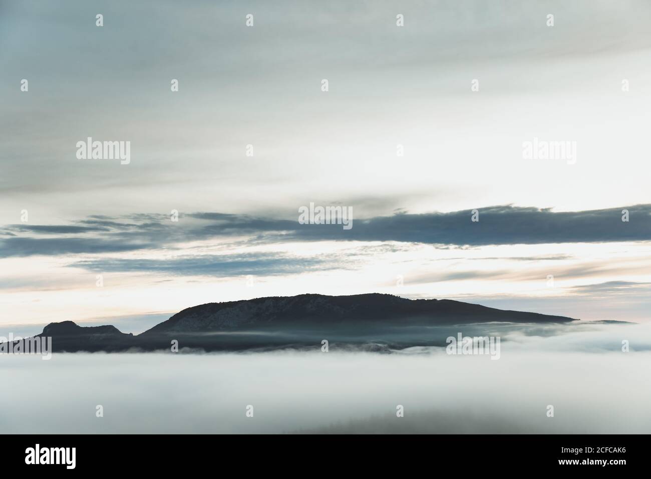 Amazing landscape of mountain range with green trees and dense fog ...