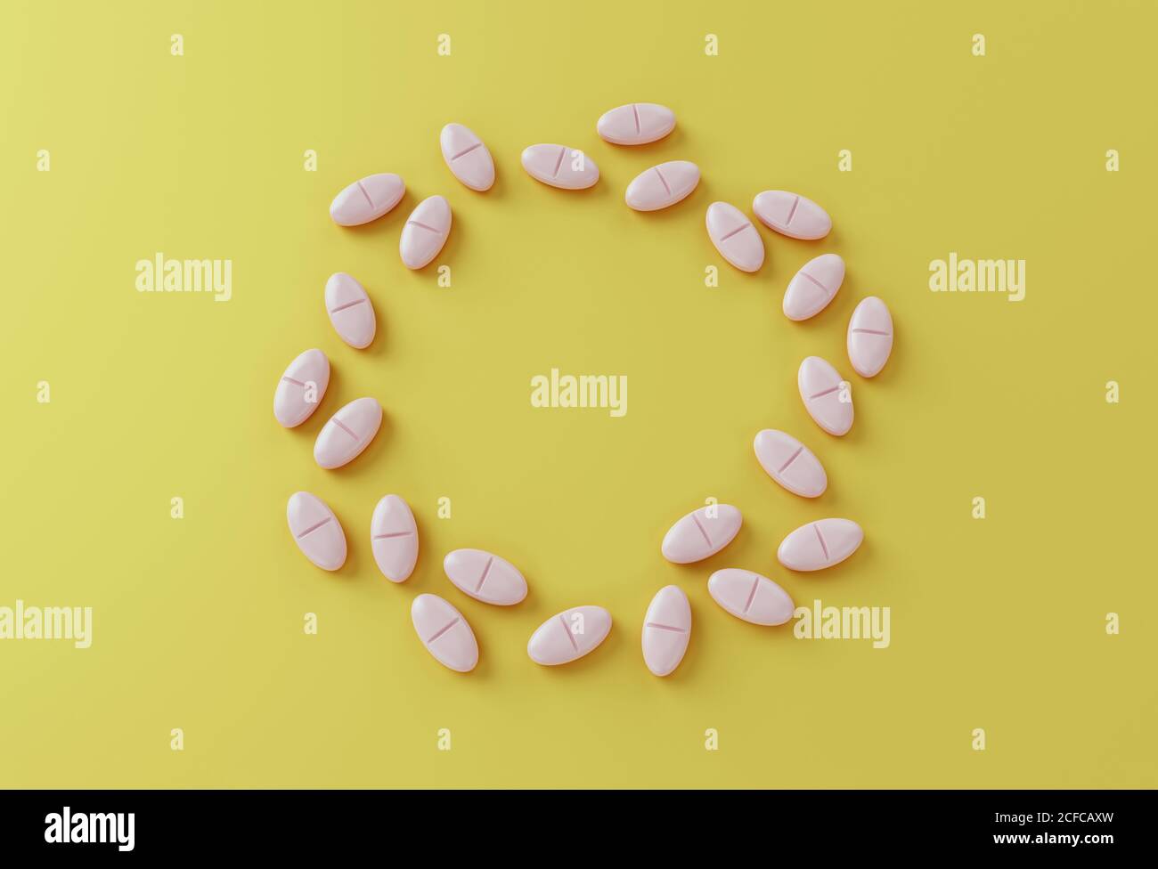 pills form a circle on yellow table. Medical, pharmacy and healthcare ...