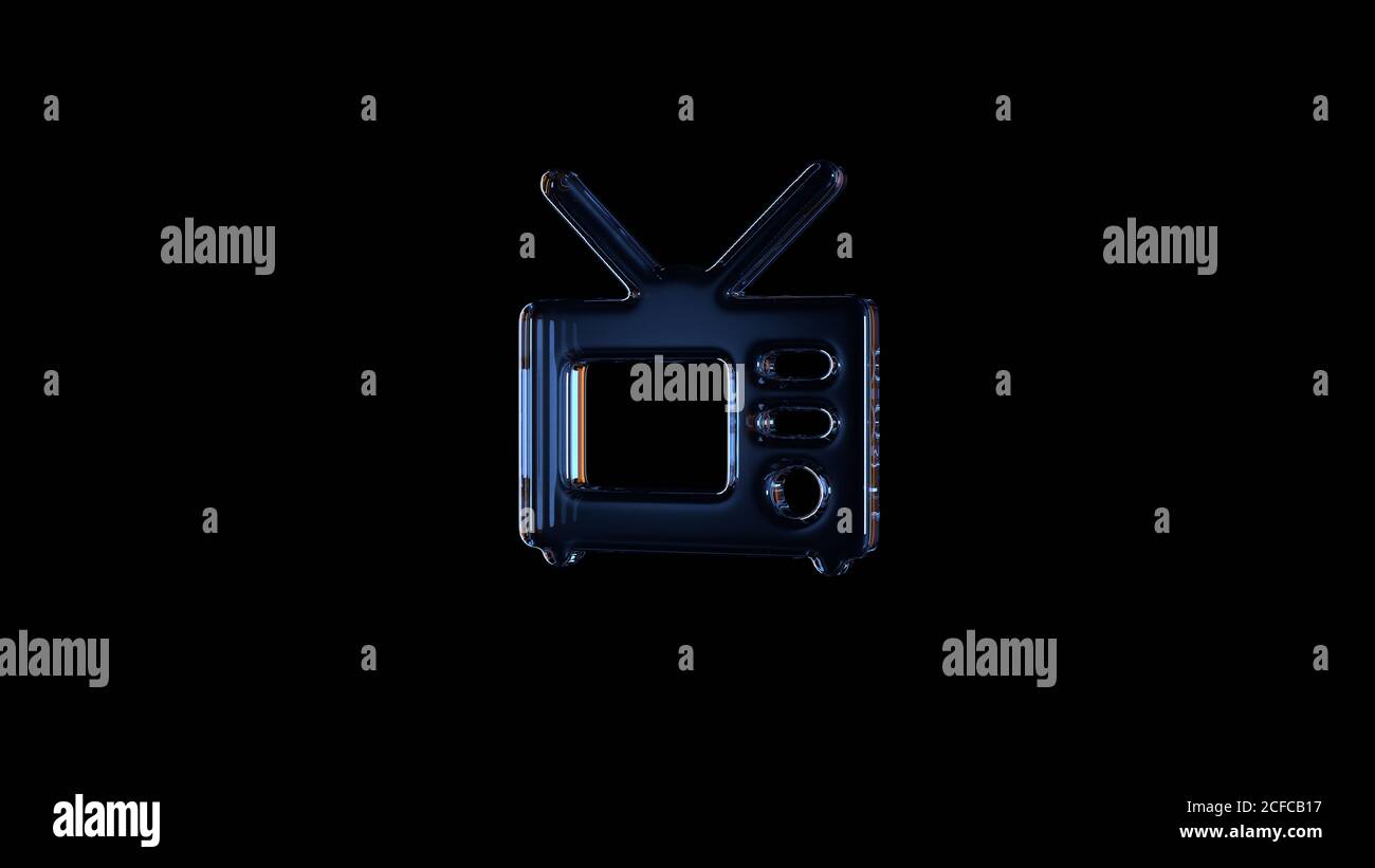 3d rendering glass symbol of old television isolated on black ...