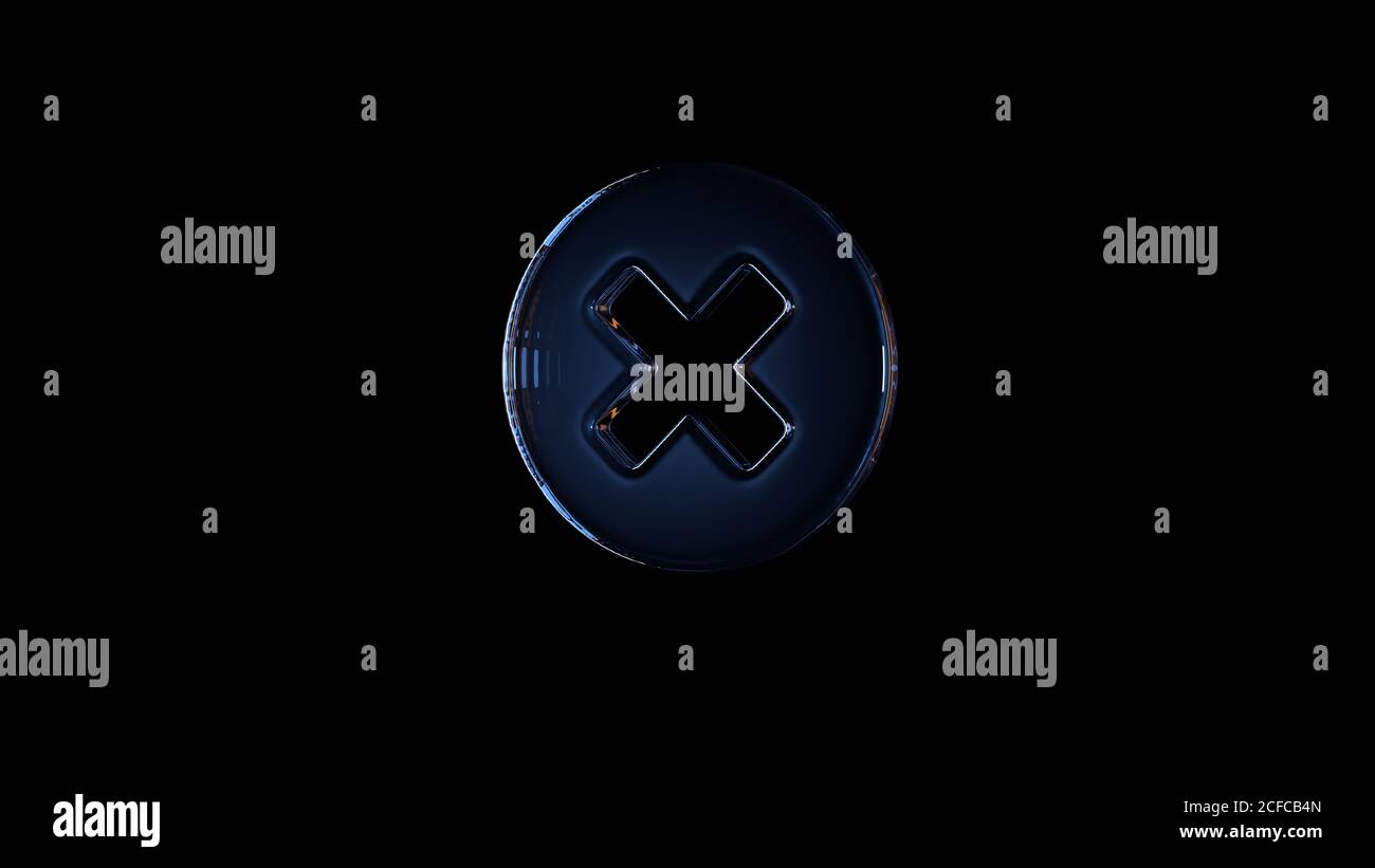 3d rendering glass symbol of times sign in circle isolated on black ...