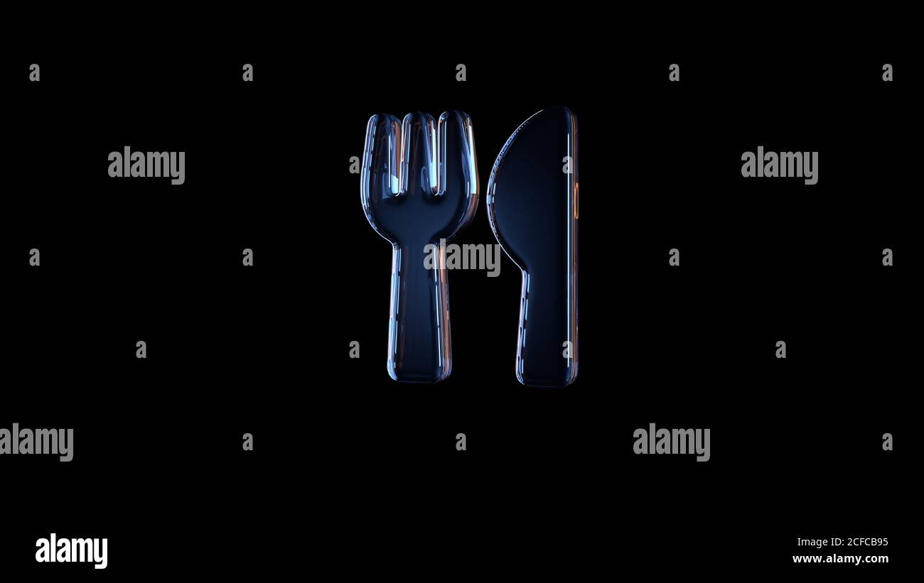 3d rendering glass symbol of fork and knife isolated on black ...