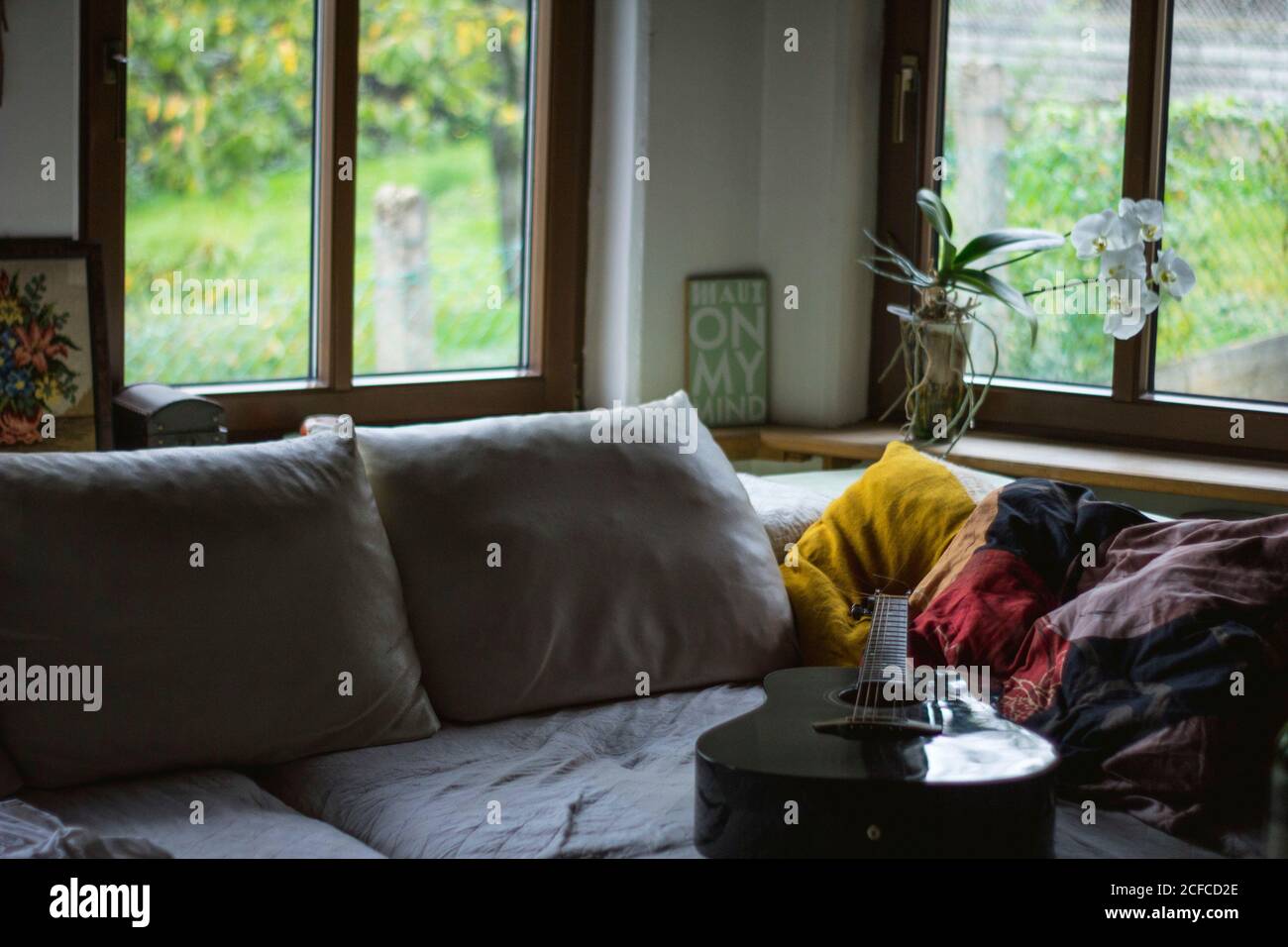 Bright and cozy modern lounge room with comfortable sofa with pillows ...