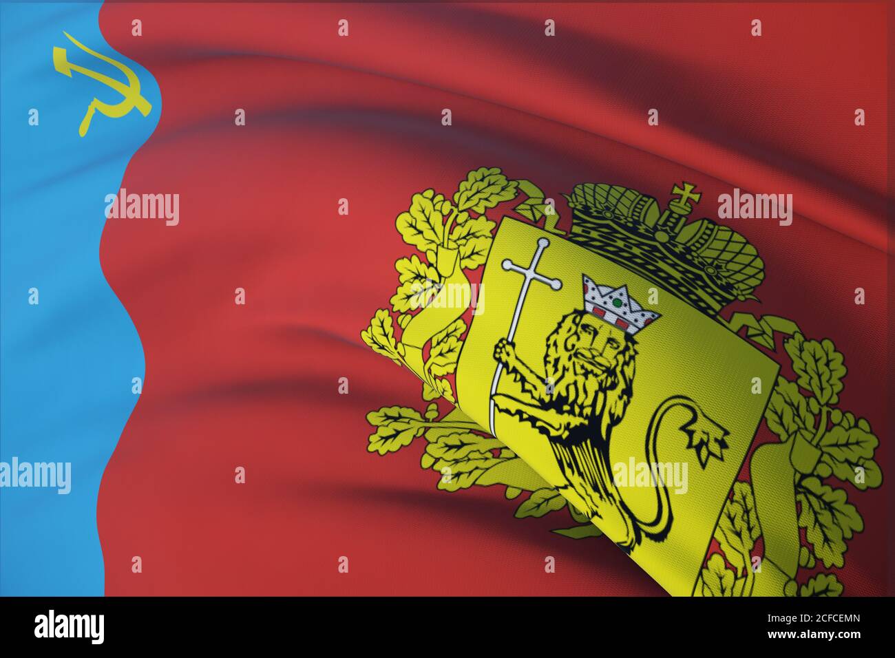Flag of Vladimir Oblast. 3D illustration close-up flag background ...