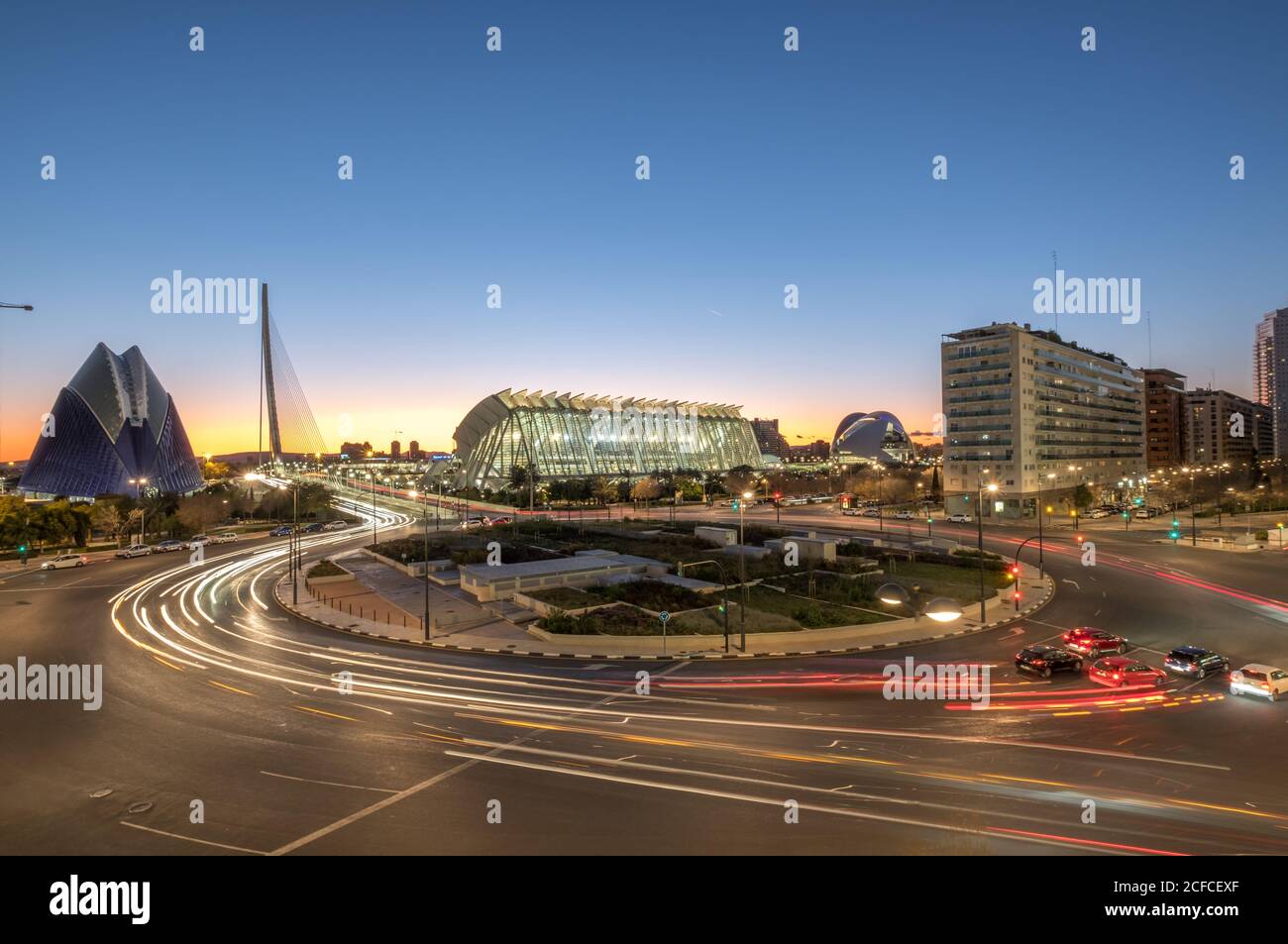 Valencia modern skyline roundabout sunset street view in downtown ...