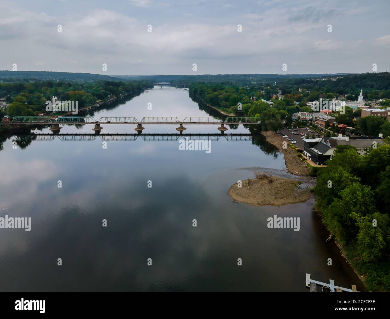 The view of aerial Delaware river, bridge across the in the historic ...