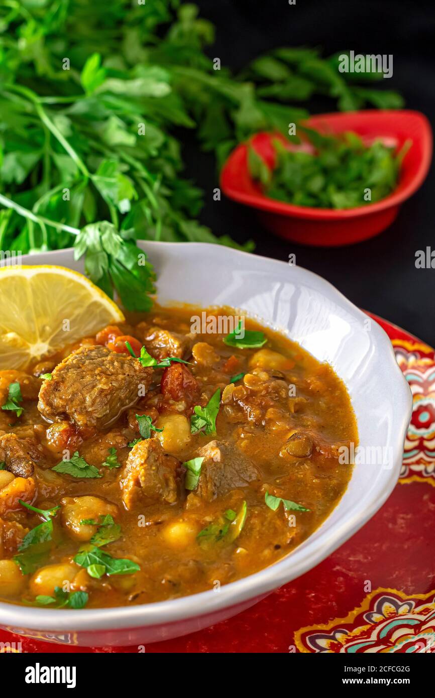 Moroccan soup harira with meat chickpeas lentil tomato and spices ...