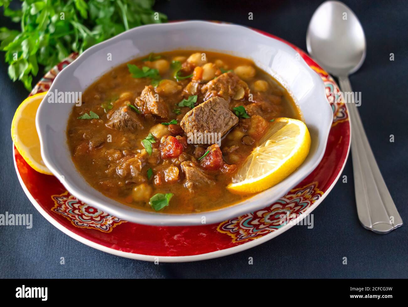 Moroccan soup harira with meat chickpeas lentil tomato and spices ...