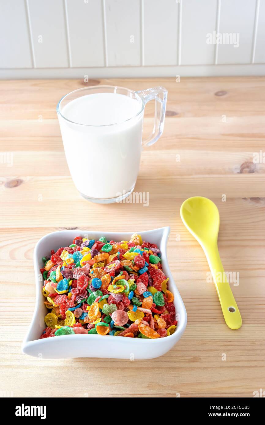 Colorful rice cereal with milk for kids. Kids healthy quick funny ...