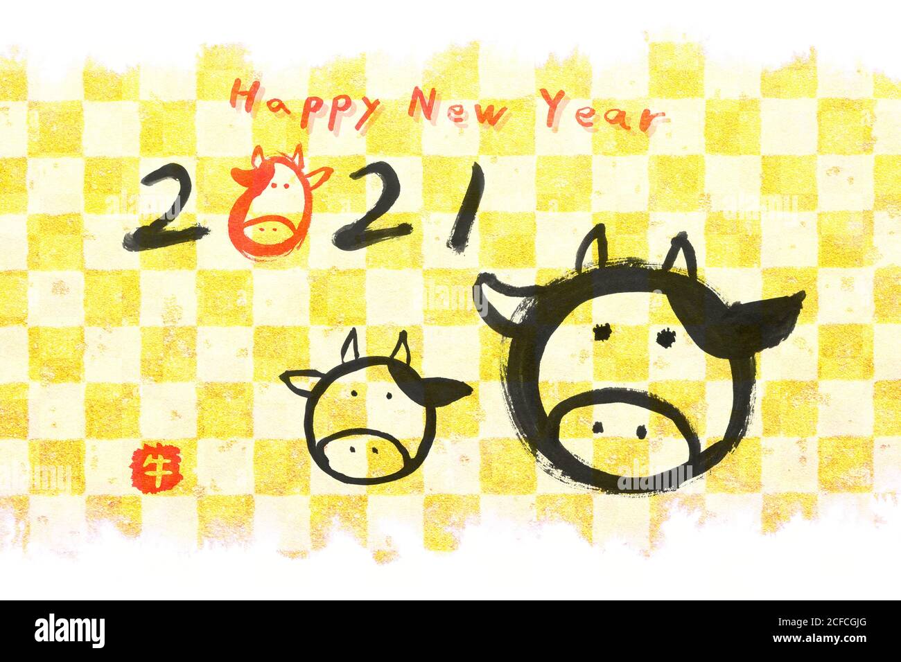 year of the ox, hand paint black ink stroke image on gold check paper ...