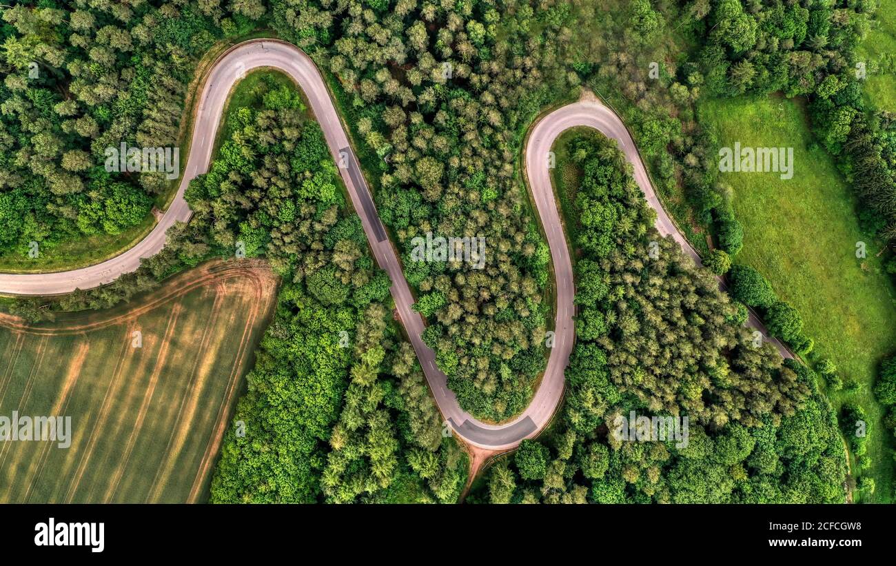 Serpentine road, aerial view, Trassem, Rhineland-Palatinate, Germany ...