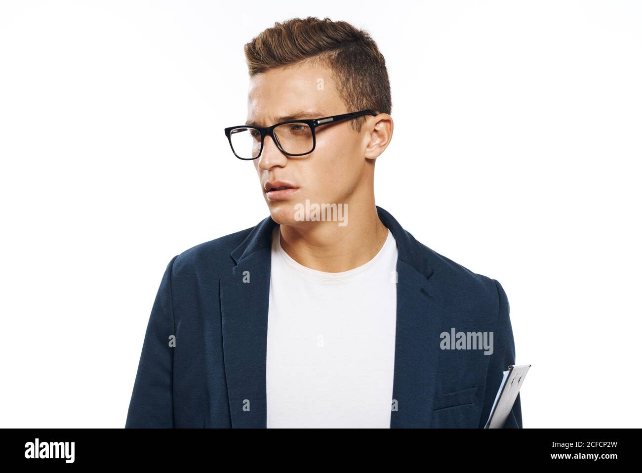 Man with documents office manager official light background Stock Photo ...