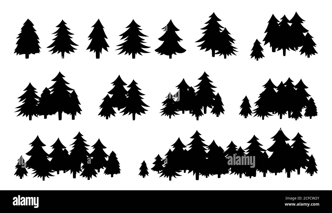 Forest trees textured, black silhouette. Hand drawn landscapes flat ...