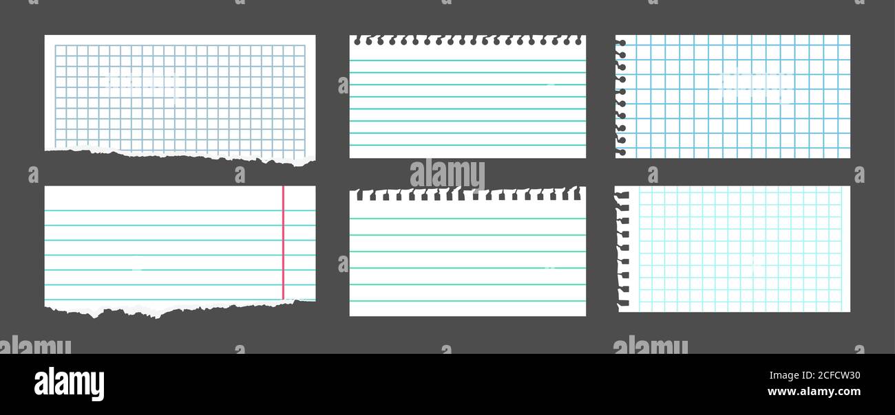 Torn white note set. Notebook paper sheets in a cage, in a line, pieces ...