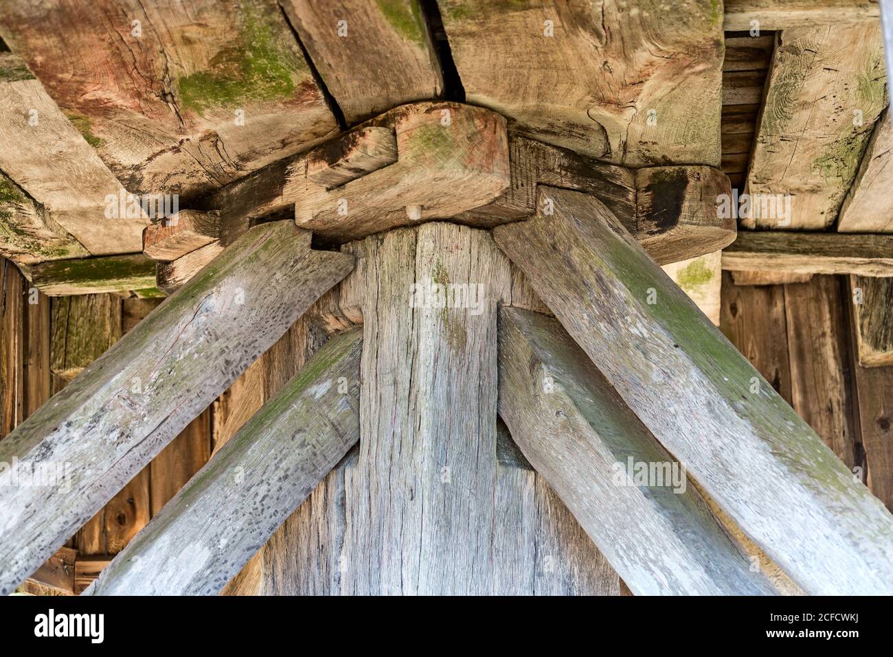 Traditional wood connections of the substructure of a post mill Stock ...
