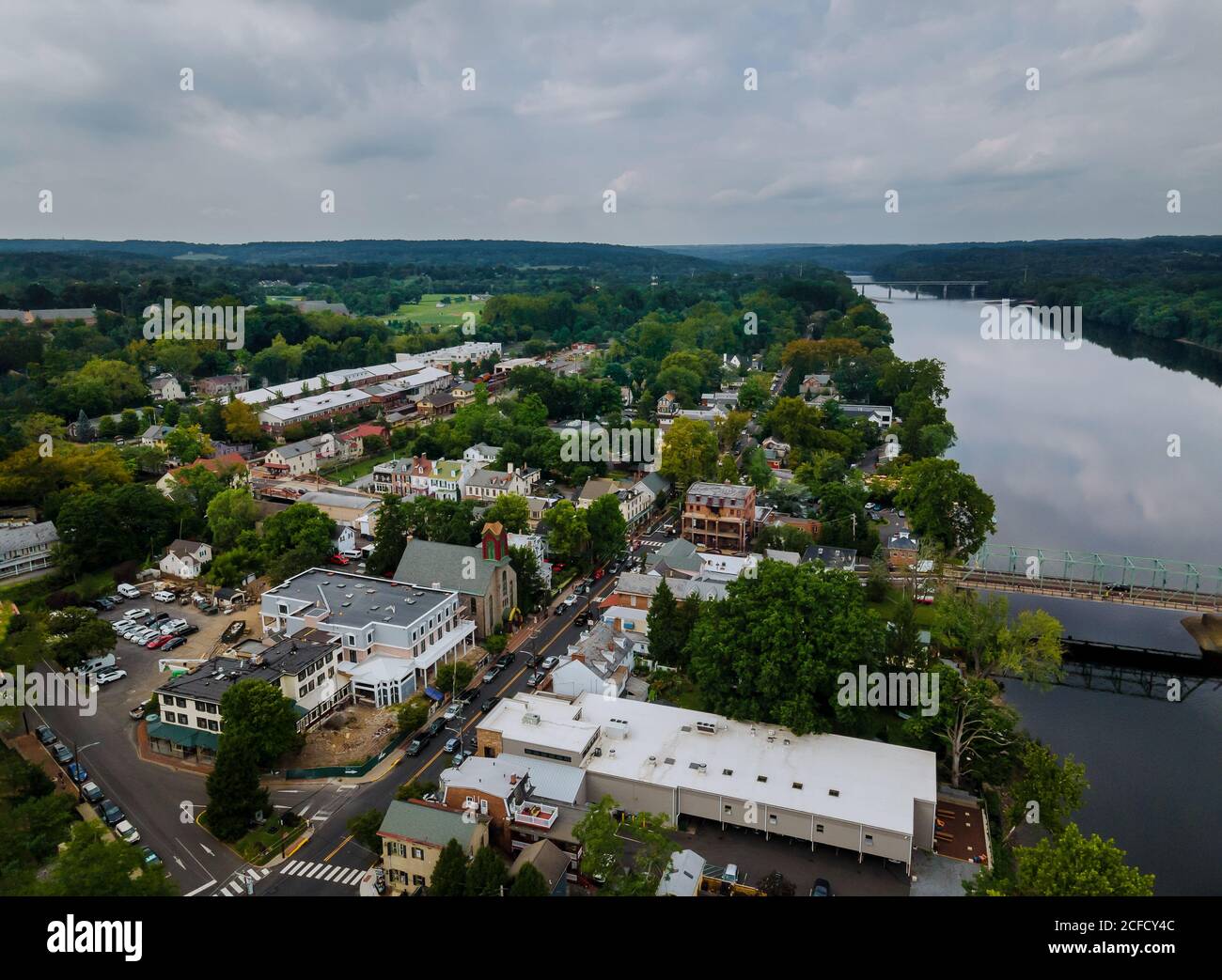Aerial overhead landscape neighborhood in a small American of small ...