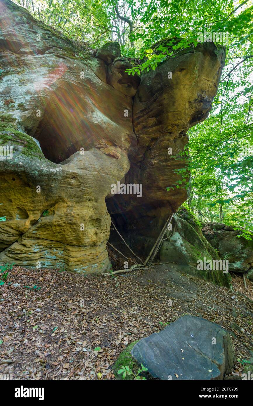 Germany, Bavaria, Pfarrweisach - Lichtenstein, rocks on Sagenpfad at ...