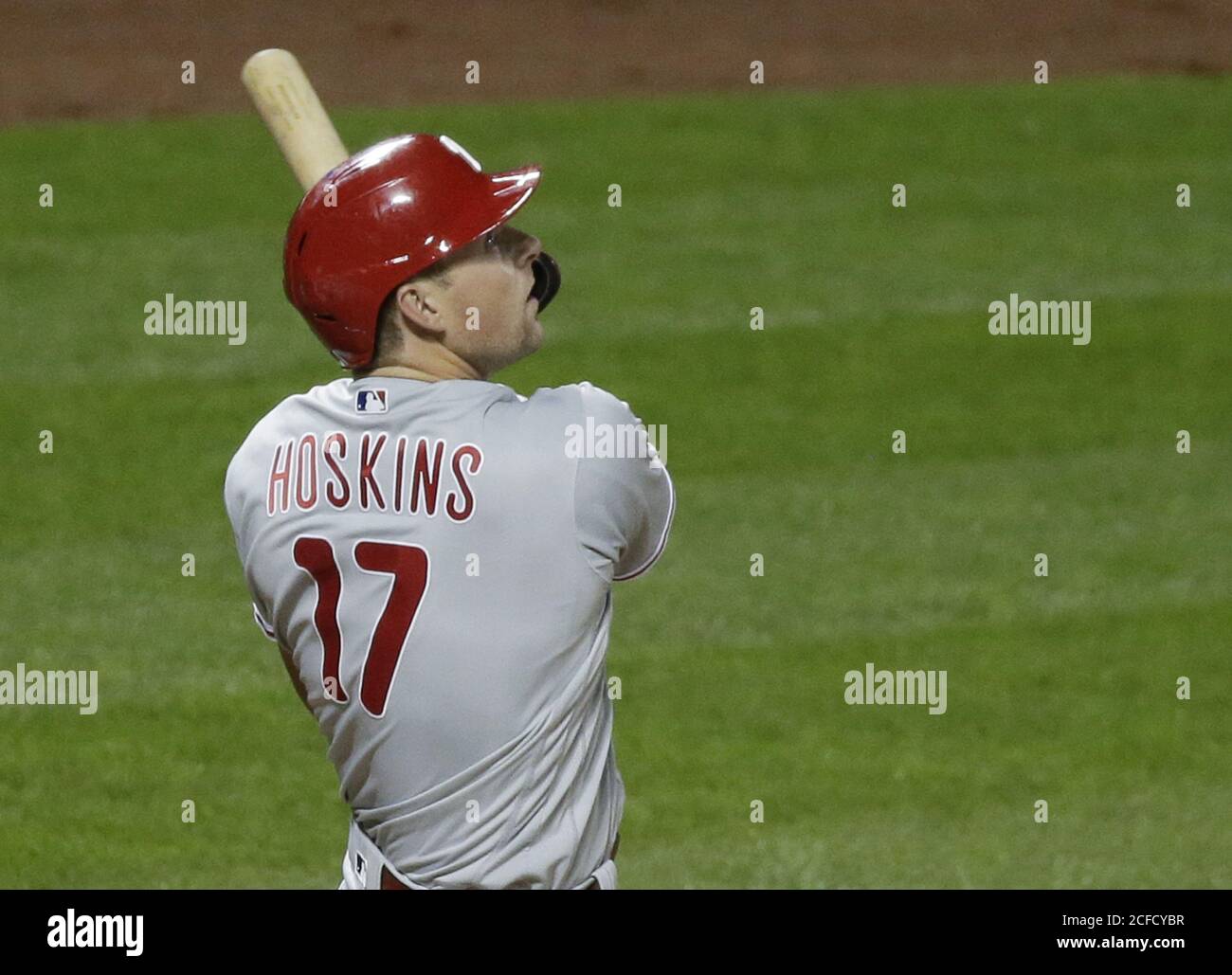 Philadelphia Phillies Rhys Hoskins hits a single in the second inning ...