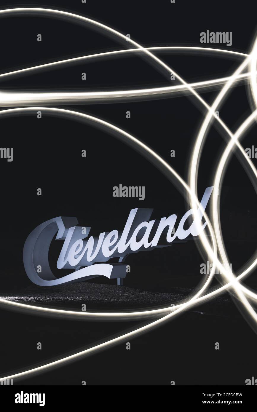 Cleveland script sign at night in cleveland ohio Stock Photo - Alamy
