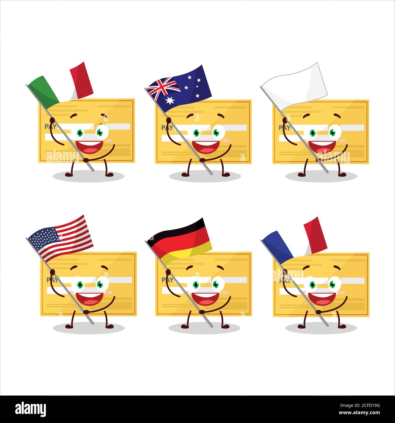 Payment check paper cartoon character bring the flags of various ...