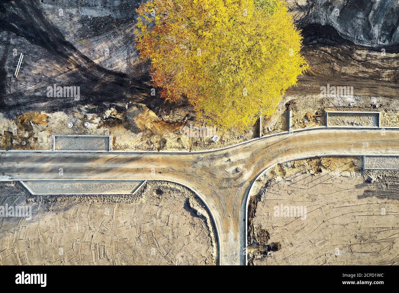 Infrastructure, structures, shapes, traces, earth colors, yellow tree ...