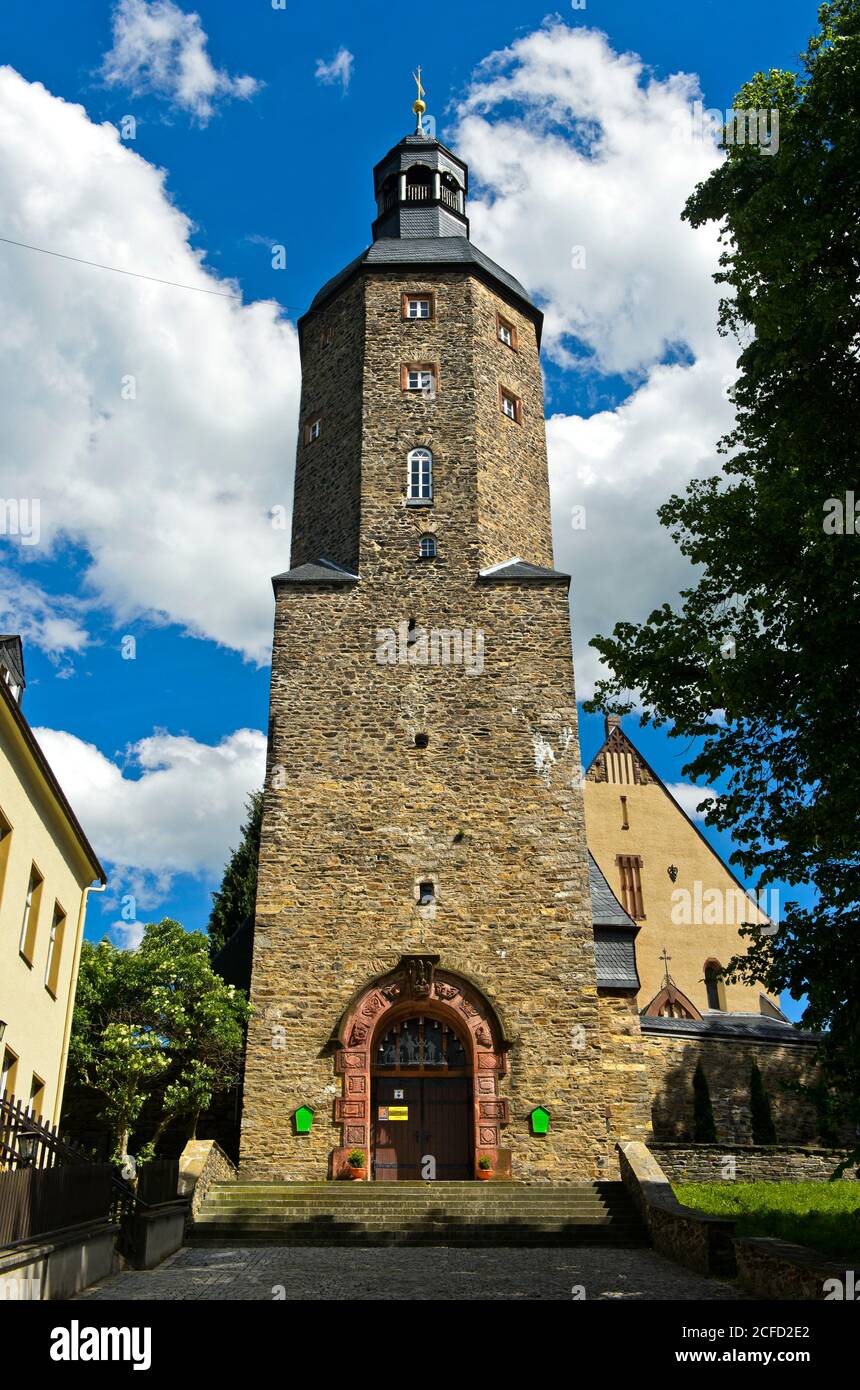 Tower of the St. Laurentius church, Geyer, Erzgebirge, Saxony, Germany ...