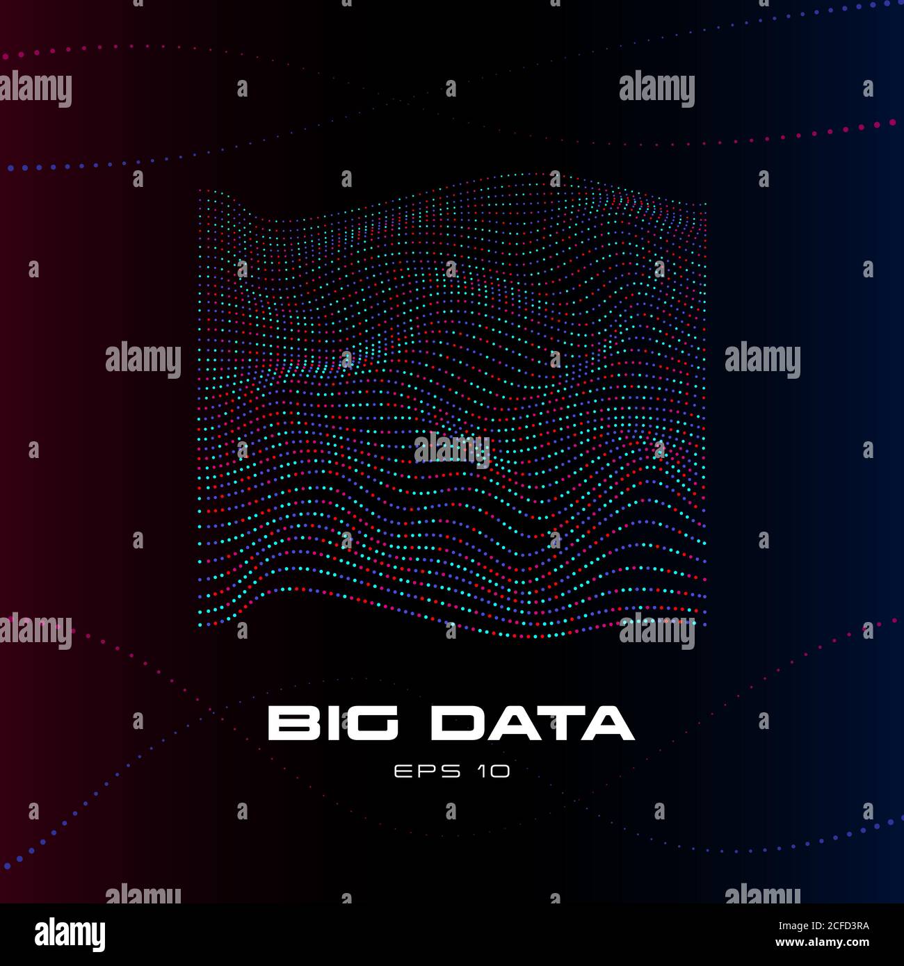 Big data visualization. Distortion stream of particles. Wave stripes of ...