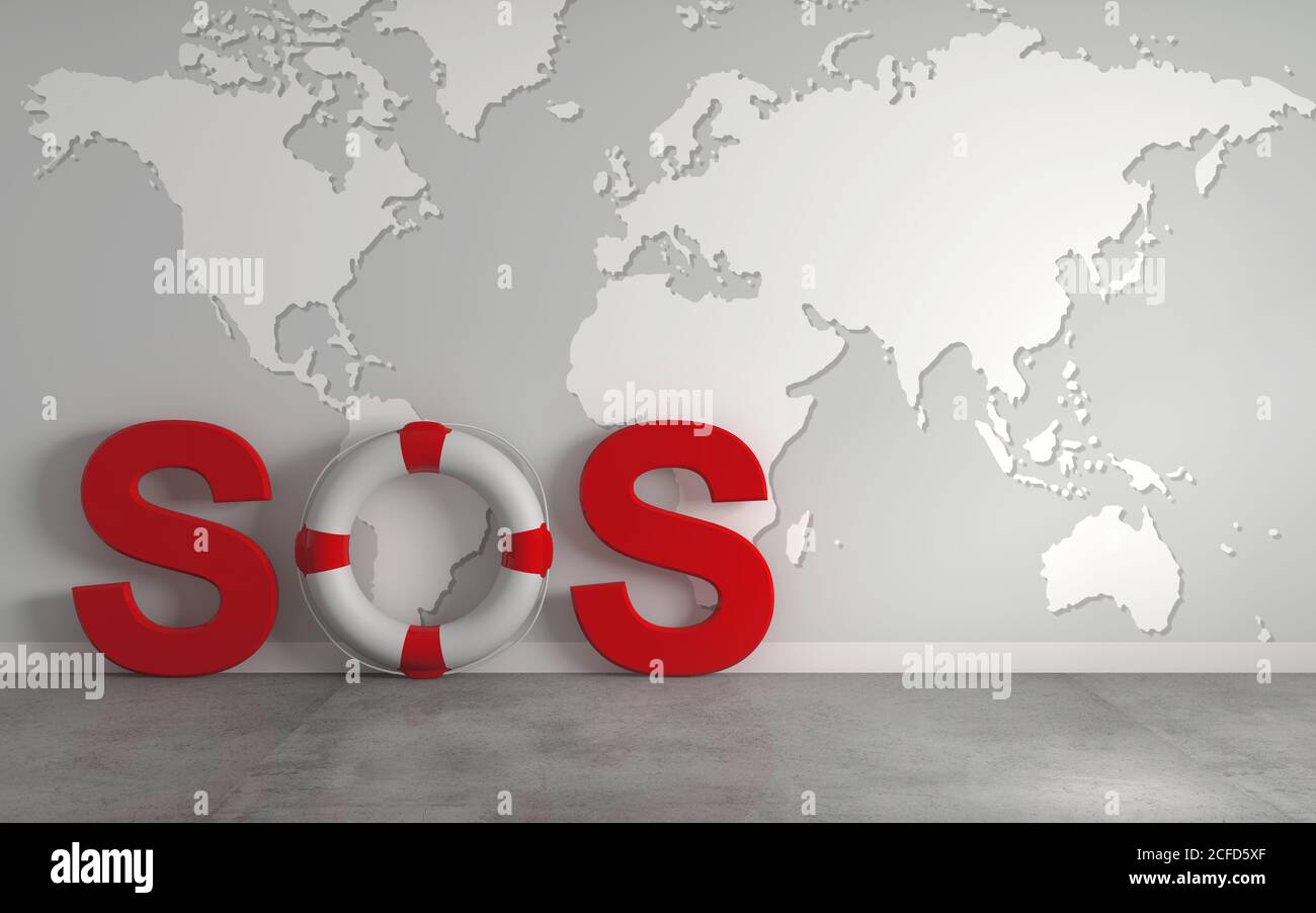 Illustration of objects shaped in SOS style in front of a wall Stock ...