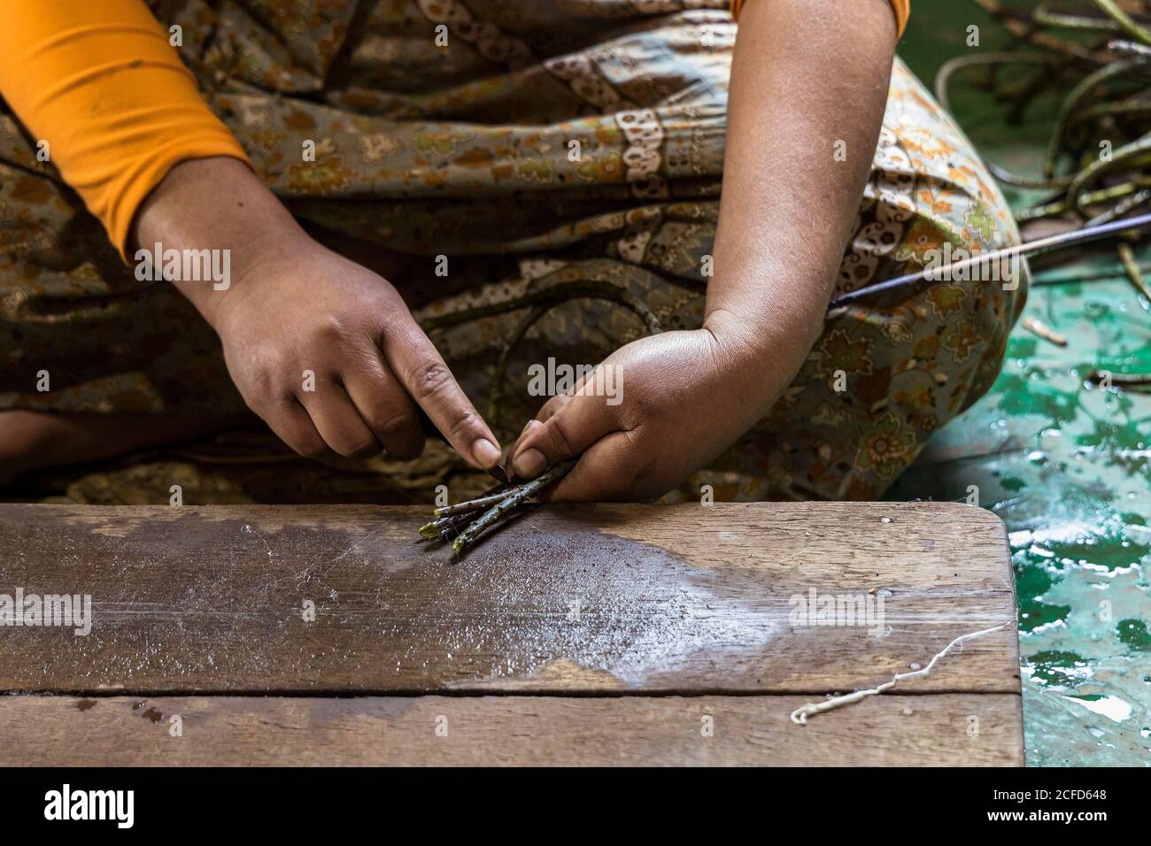 Processing of lotus branch as woven fabric hi-res stock photography and ...