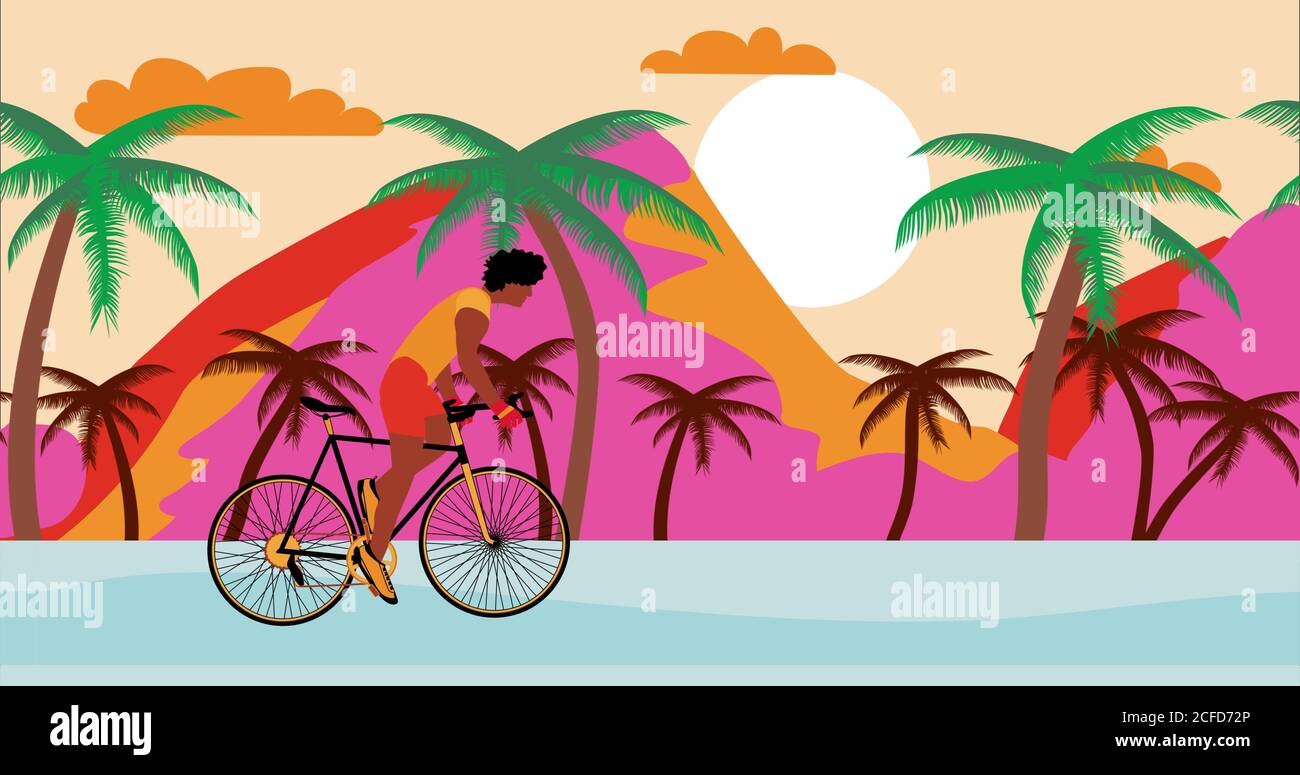 African American men cyclist is riding bicycle on the beach with sunset ...