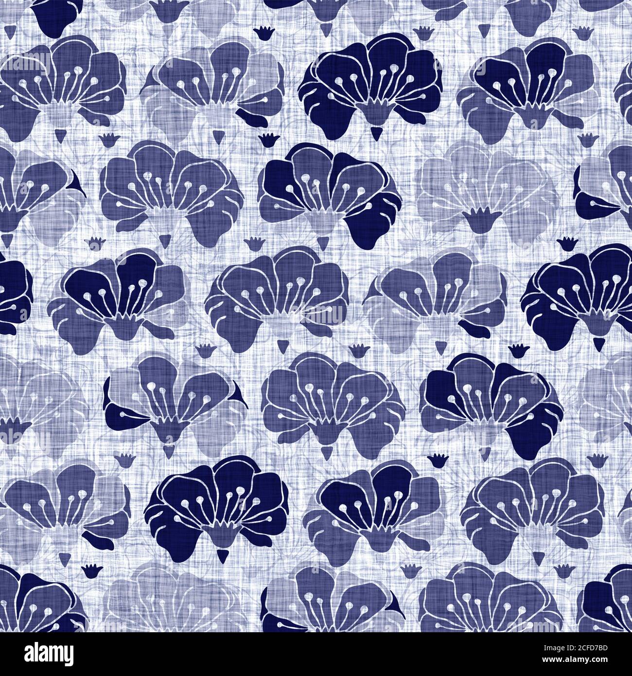 Indigo blue flower block print dyed linen texture background. Seamless ...