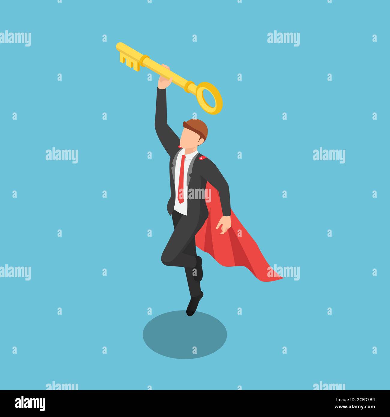 Flat 3d isometric super businessman holding golden key over his head ...