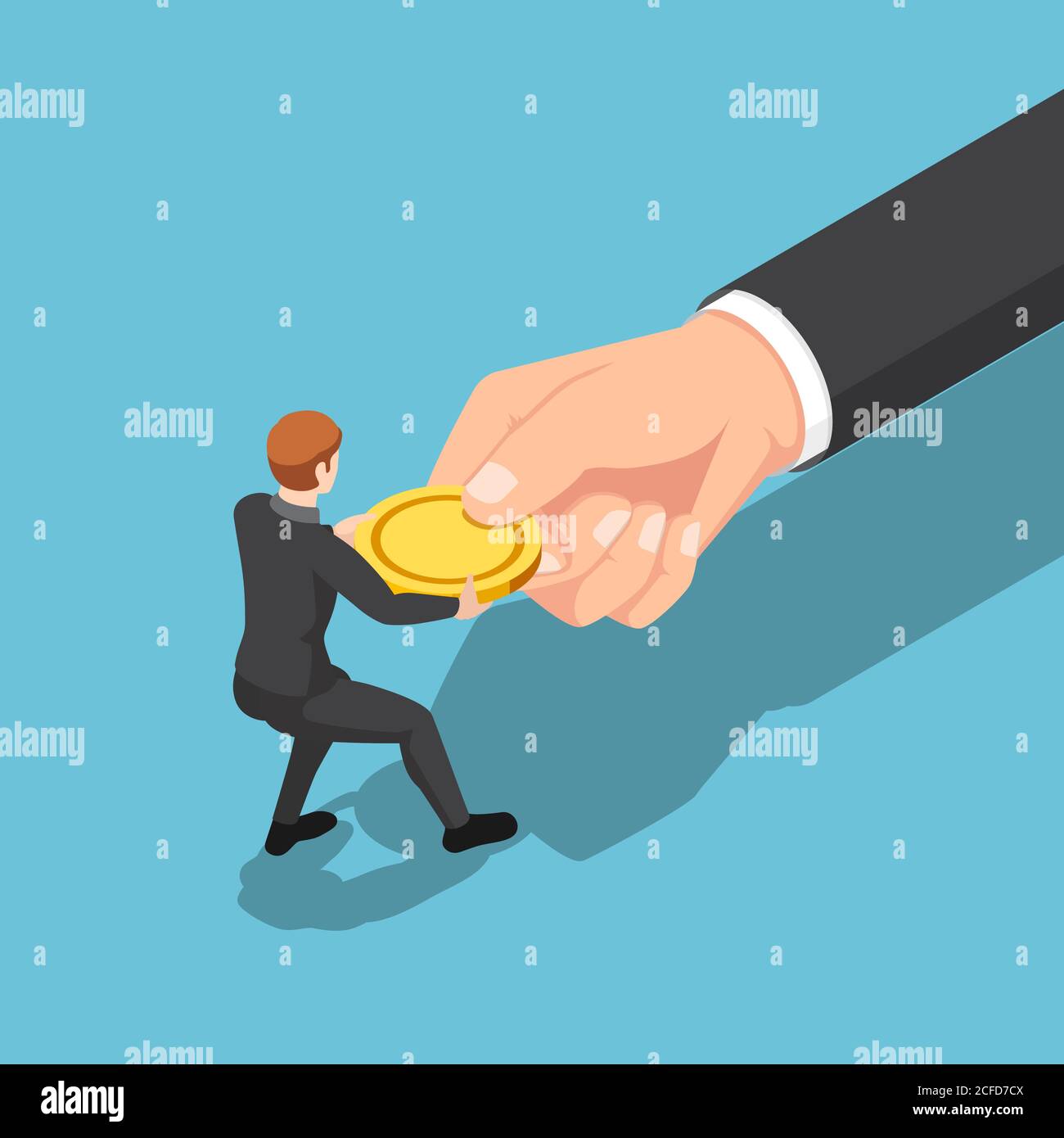 Flat 3d isometric businessman fight over and pull golden coin from big ...