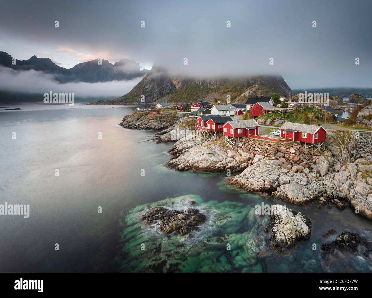 Red wooden houses Rorbu, Rorbu fishermen's cabins, by the Reine Fjord ...