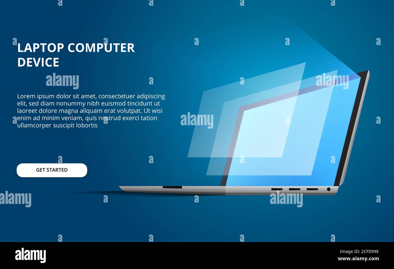 3D isometric perspective open device laptop with glow screen. display ...