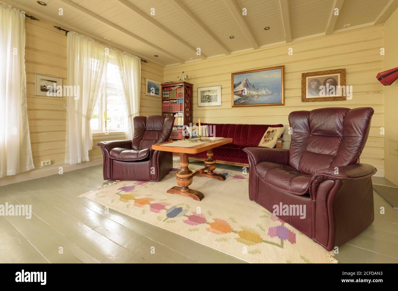 Interior view living room traditional Norwegian wooden house, Nordland ...