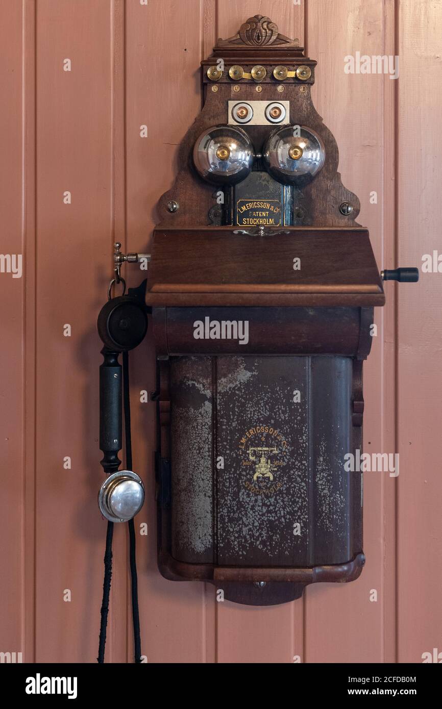 Old telephone on a wall, Trinity Monastery, Lintula Nunnery, Karelia ...