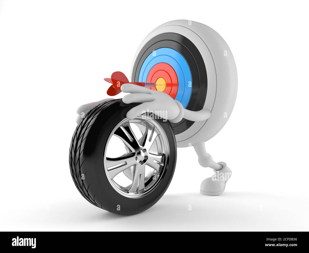 Bull's eye character rolling spare wheel isolated on white background ...