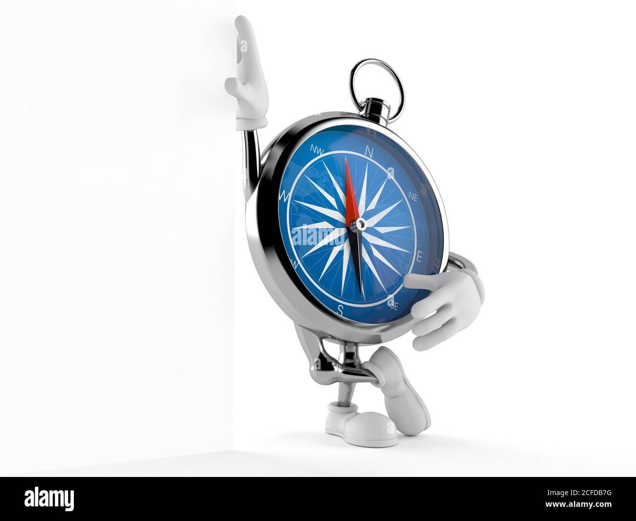 Compass character leaning against a wall isolated on white background ...