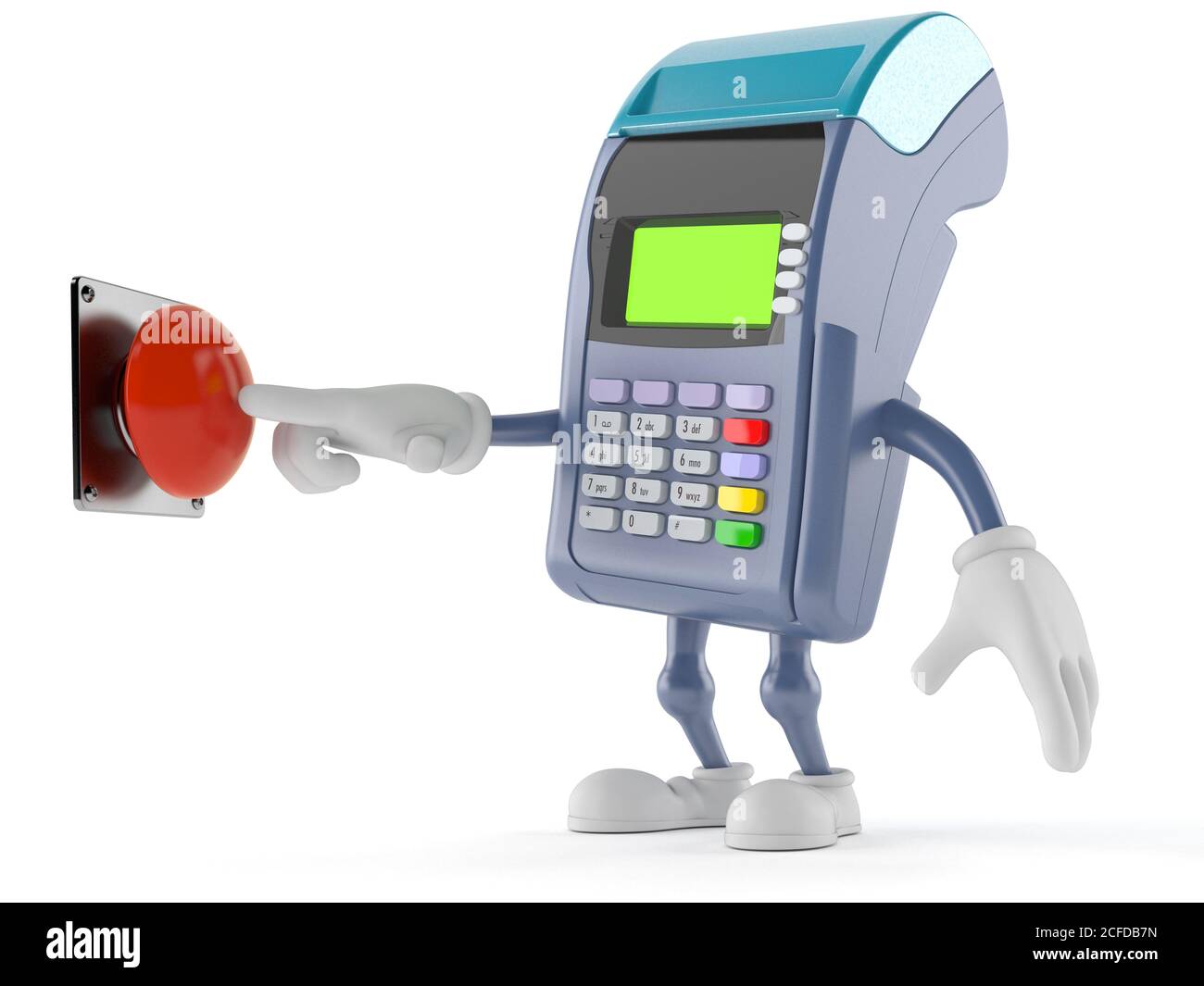 Credit card reader character pushing button isolated on white ...