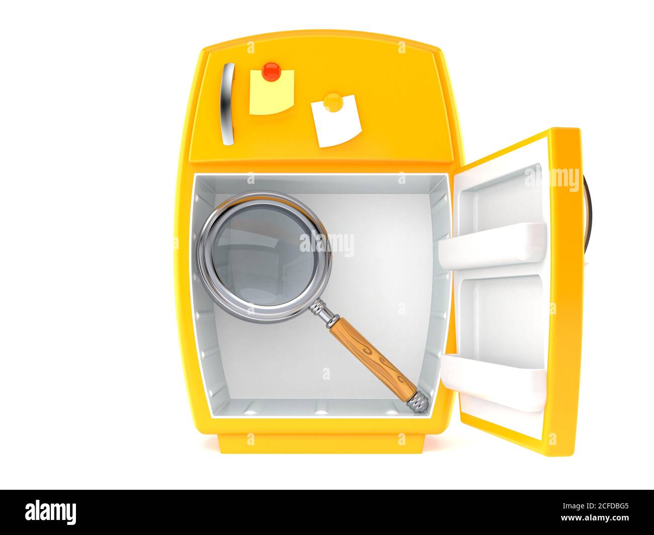 Open fridge with magnifying glass isolated on white background Stock ...