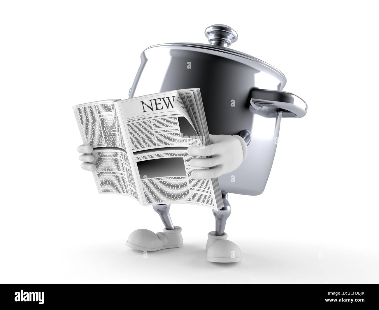 Kitchen pot character reading newspaper isolated on white background ...