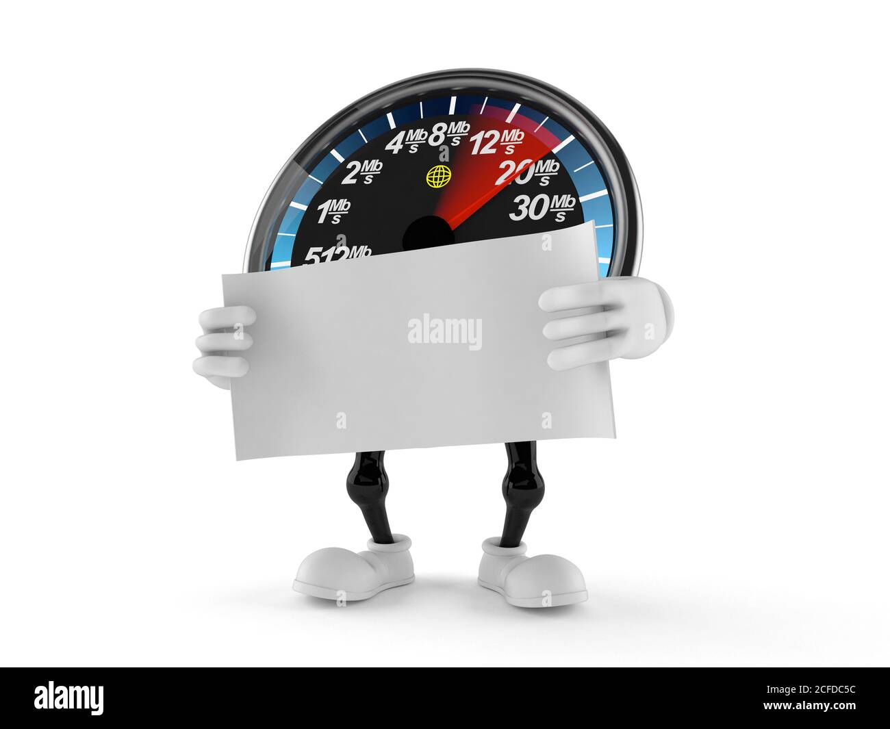Network speed meter character holding blank sheet of paper isolated on ...