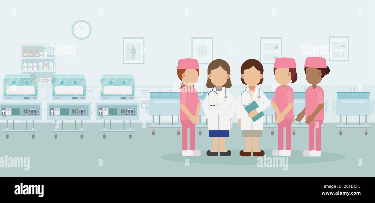 Maternity ward with medical staff flat design vector illustration Stock ...
