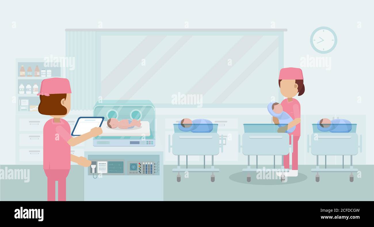 Maternity ward with nurse flat design vector illustration Stock Vector ...