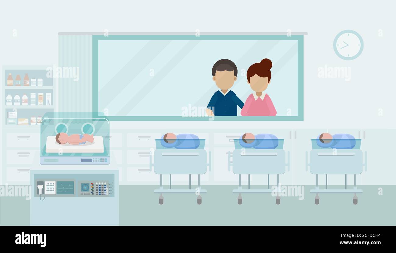 Maternity ward with parents watching newborn babies flat design vector ...