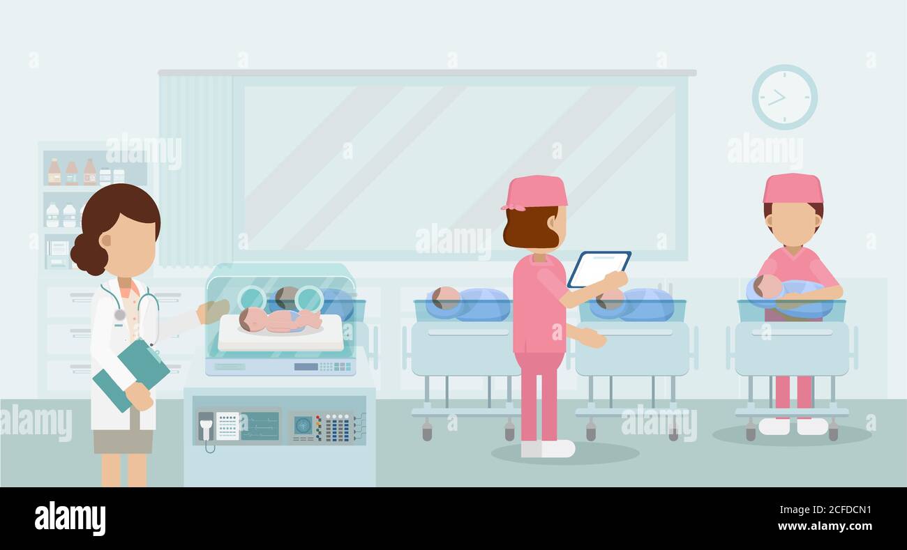 Maternity ward with pediatrician and newborn babies flat design vector ...