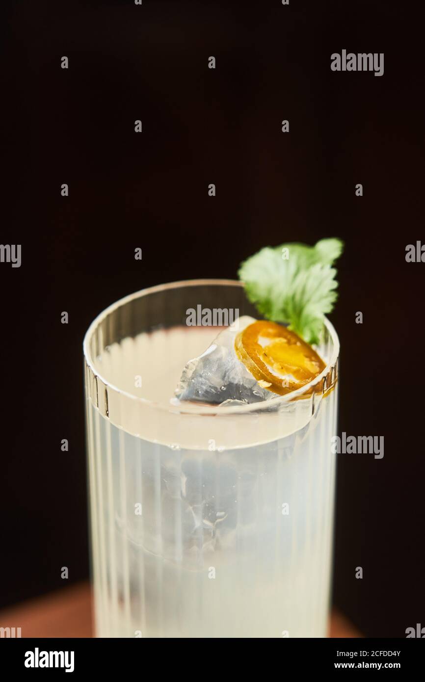 Vodka and tonic alcohol cocktail in highball glass decorated with ice ...
