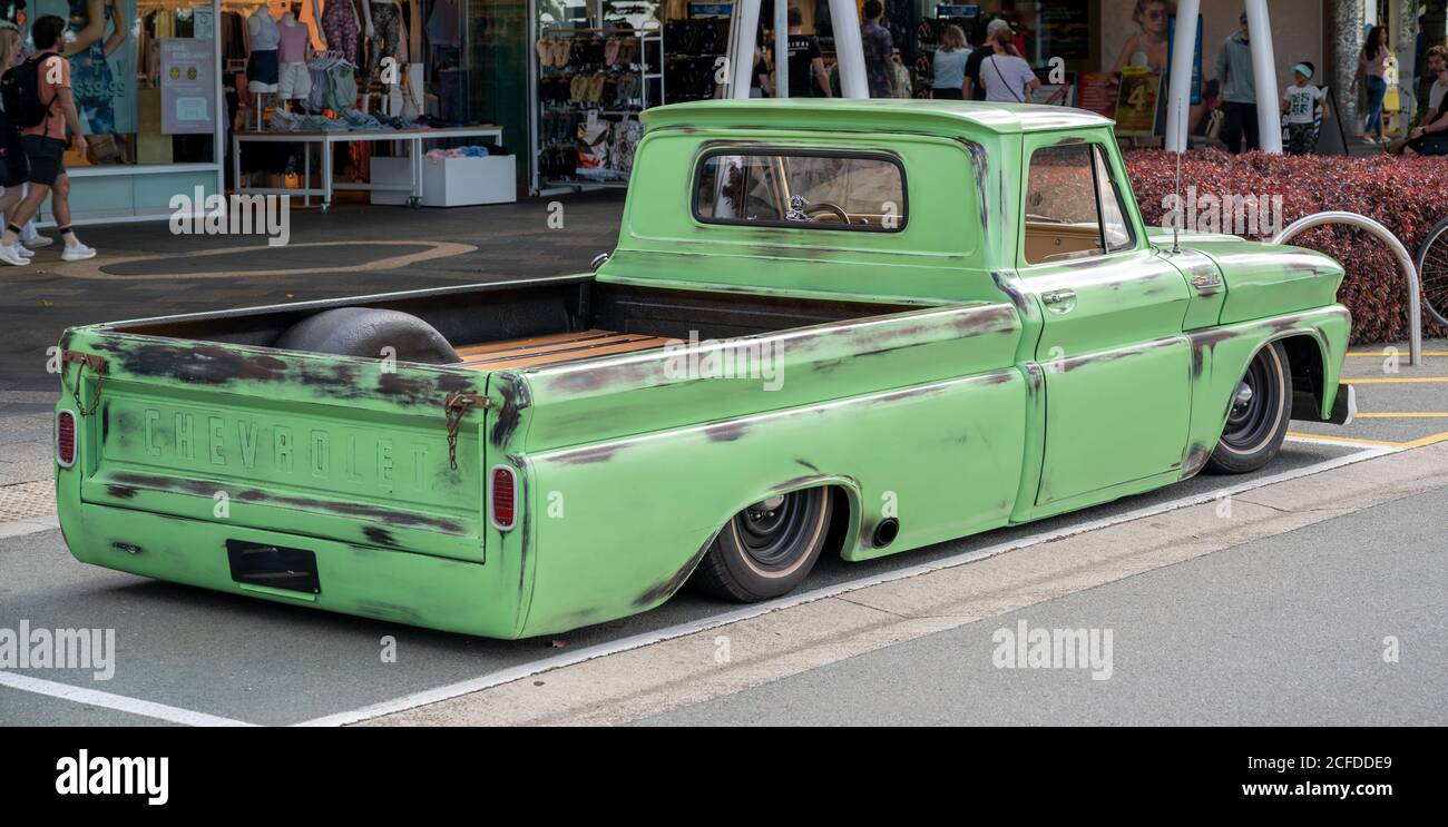 MOOLOOLABA, AUSTRALIA - Aug 15, 2020: An old vintage Chevvy Ute with ...