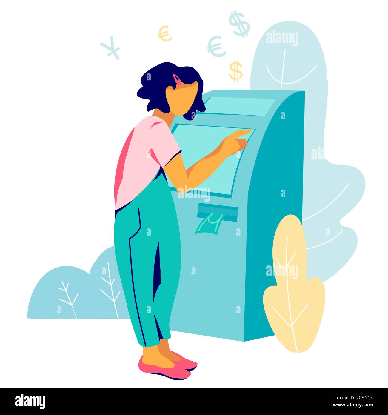 Woman cartoon character taking or exchanging money from ATM bank ...