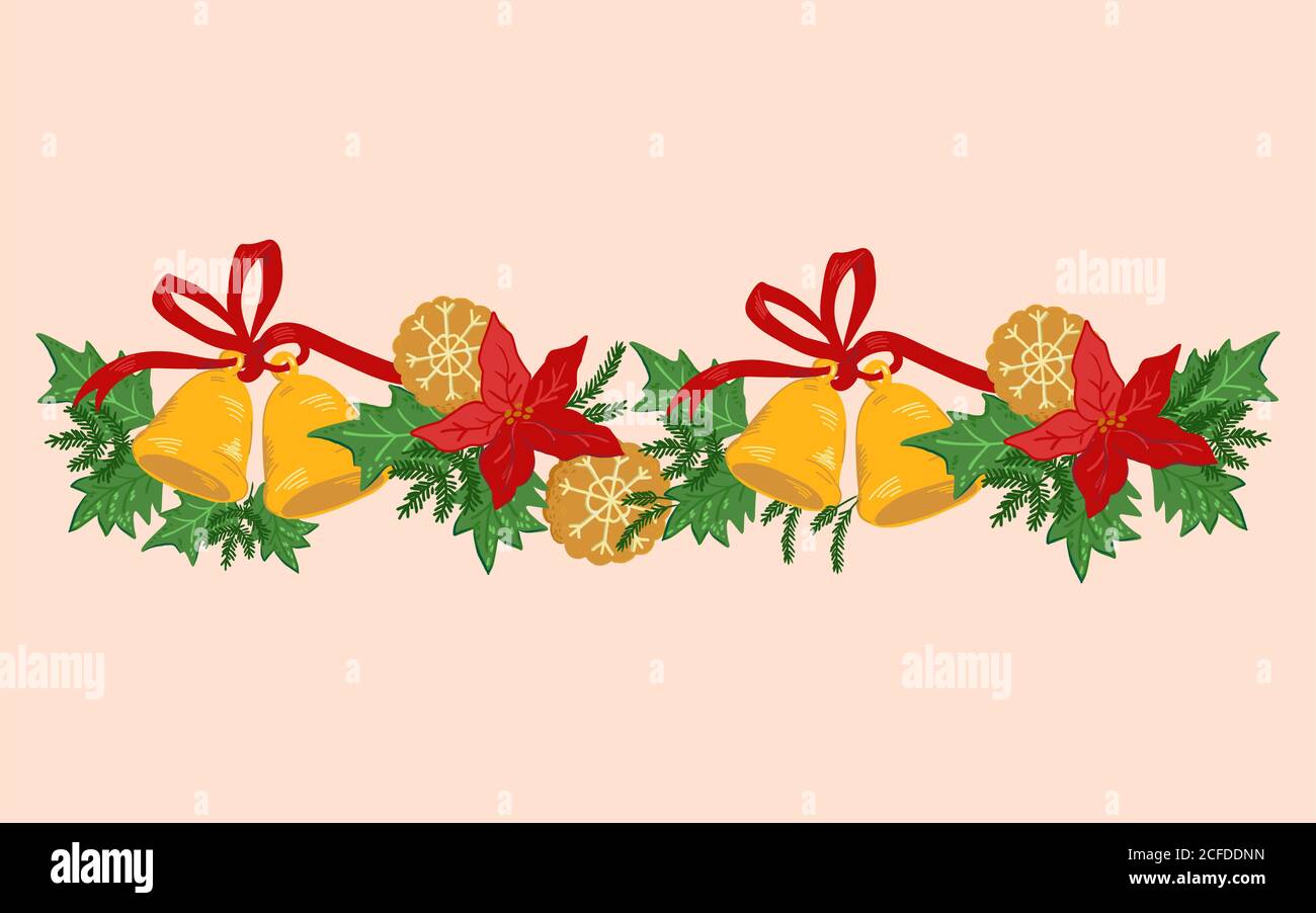 Christmas holiday horizontal wreath - border or frame with Xmas bells ...